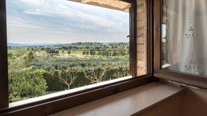 Janela com vista para paisagem rural, incluindo árvores e colinas ao longe.