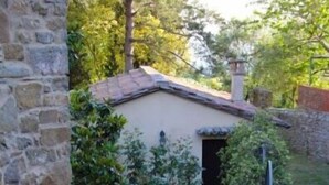 Um muro de pedra com um pequeno jardim, uma grade de metal e um edifício com telhado em telhas.