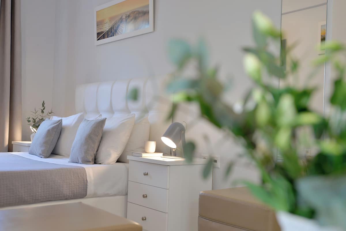 Cama bem arrumada com almofadas, uma luminária de cabeceira e mesa de cabeceira com uma pequena planta.