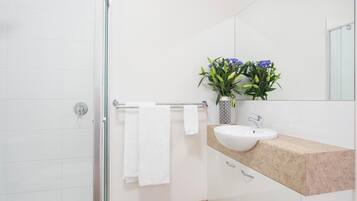 Apartamento Standard, 2 quartos | Casa de banho | Um polibã, artigos de higiene pessoal grátis, um secador de cabelo
