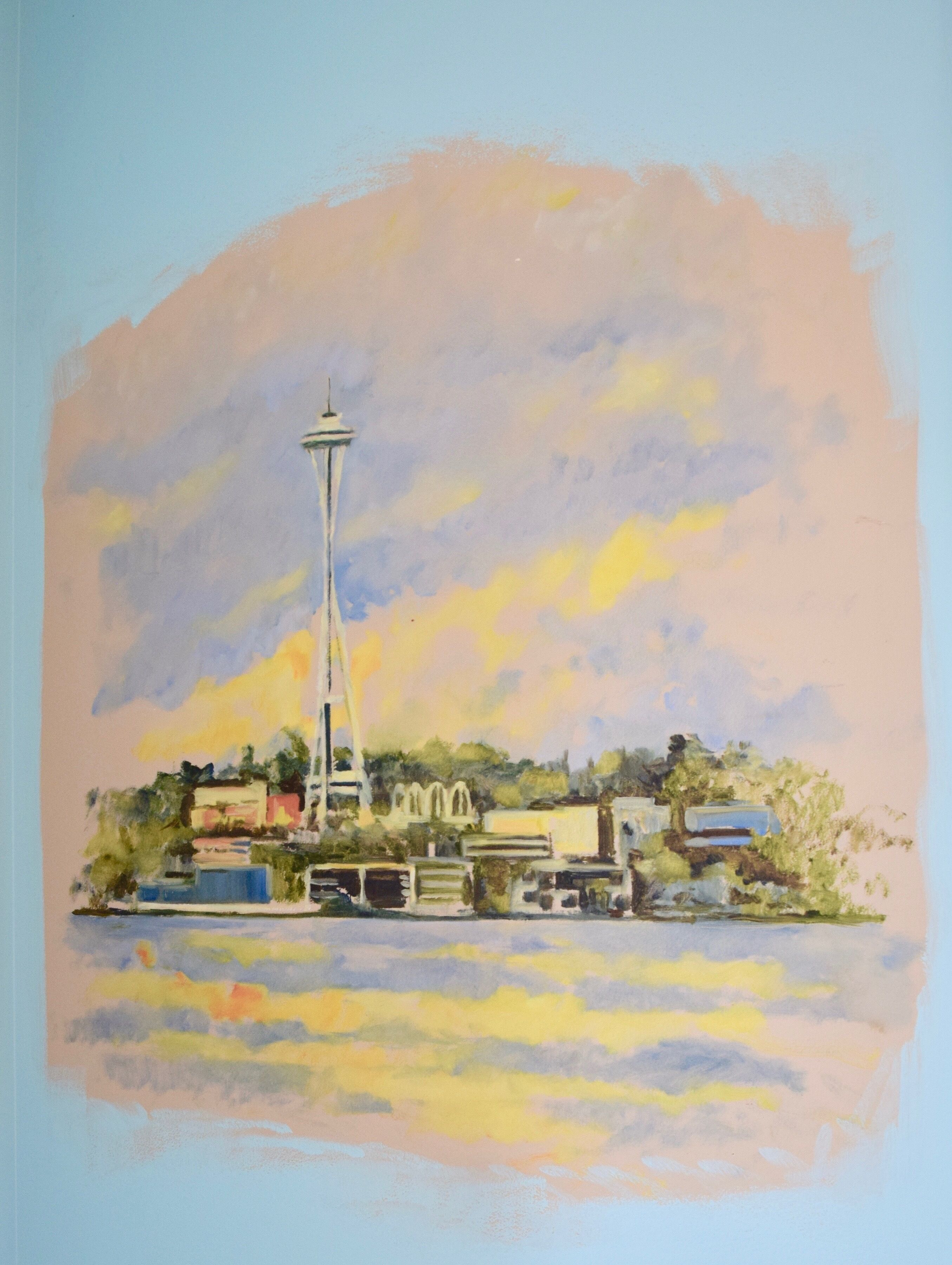 Pintura de uma torre refletida na água, cercada por edifícios e vegetação.