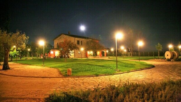 Área externa bem iluminada com um caminho de pedra, um gramado e um edifício com entrada visível.