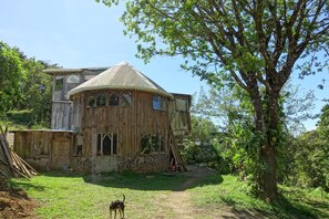 Uma casa de madeira rústica com telhado íngreme e várias janelas, rodeada por vegetação exuberante e um caminho de terra.