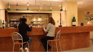 Uma área de bar com duas pessoas sentadas no balcão, uma vitrine com garrafas e um vaso de flores na parede.