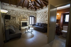 Suíte júnior | Sala de estar | TV de tela plana, lareira