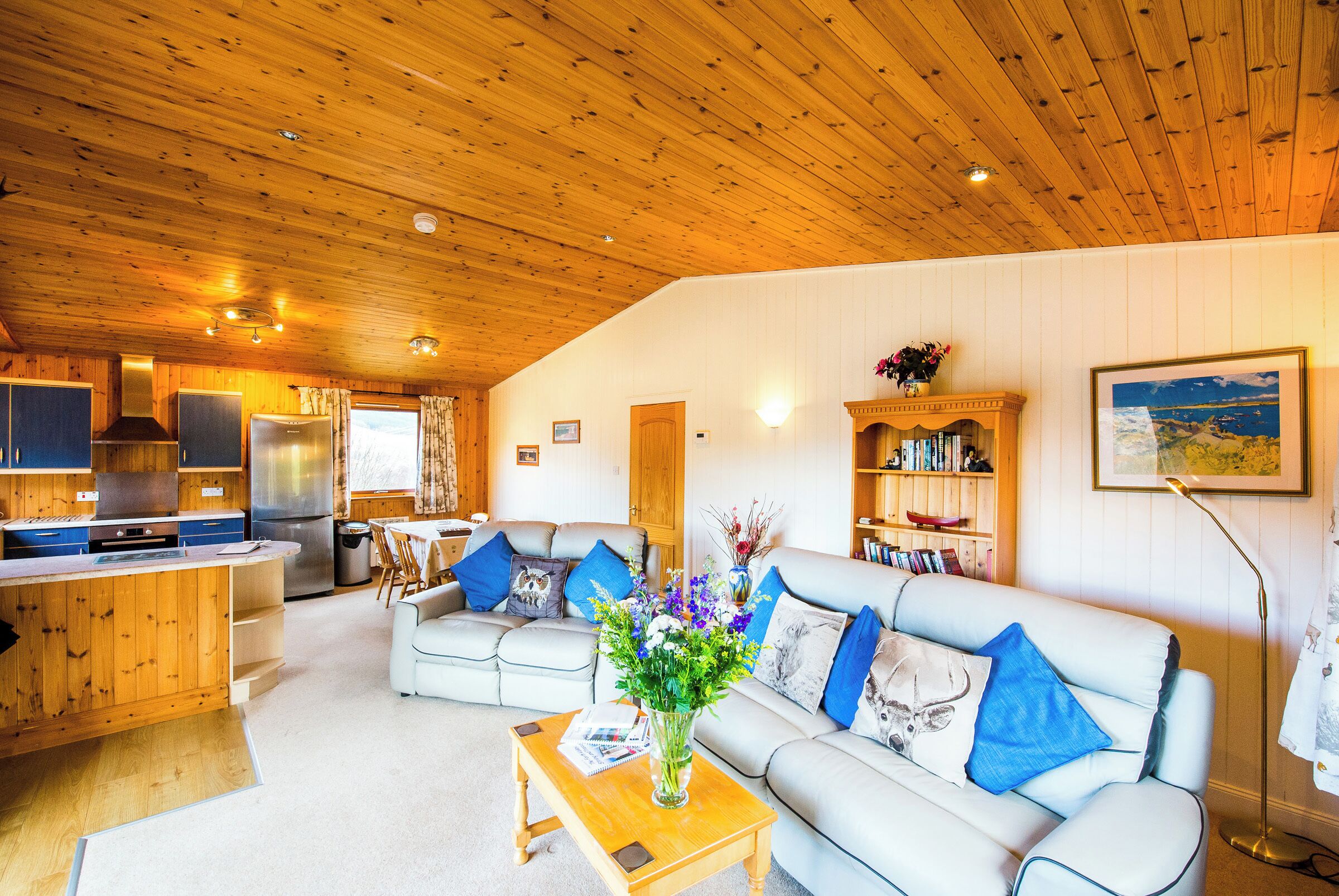 Chalé | Sala de estar | TV 30 polegadas com canais via satélite, lareira, DVD player