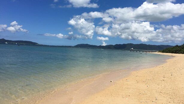 Uma praia com águas cristalinas, areia dourada e uma ponte ao longe.