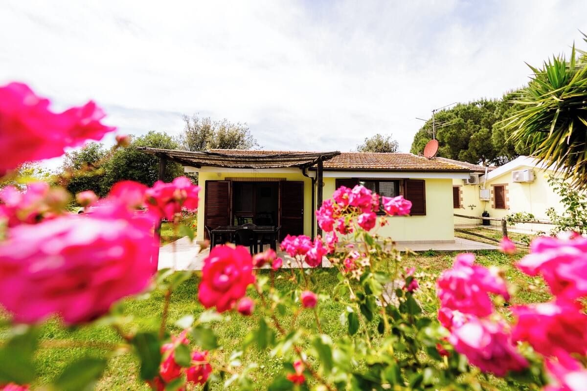 Uma casa de dois andares com telhado ladrilhado, antena parabólica e um pequeno jardim com flores cor-de-rosa.