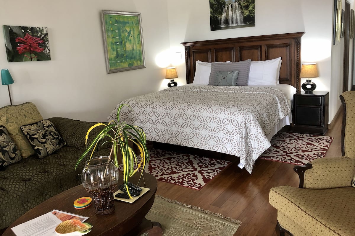 Quarto bem mobiliado com uma cama grande, duas mesas de cabeceira com abajures, um sofá e uma mesa de centro com uma planta e controles remotos.
