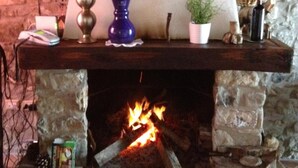 Uma lareira de pedra com fogo aceso, um prato decorativo acima dela e diversos objetos na mantelpiece, incluindo um vaso, uma planta e uma garrafa.
