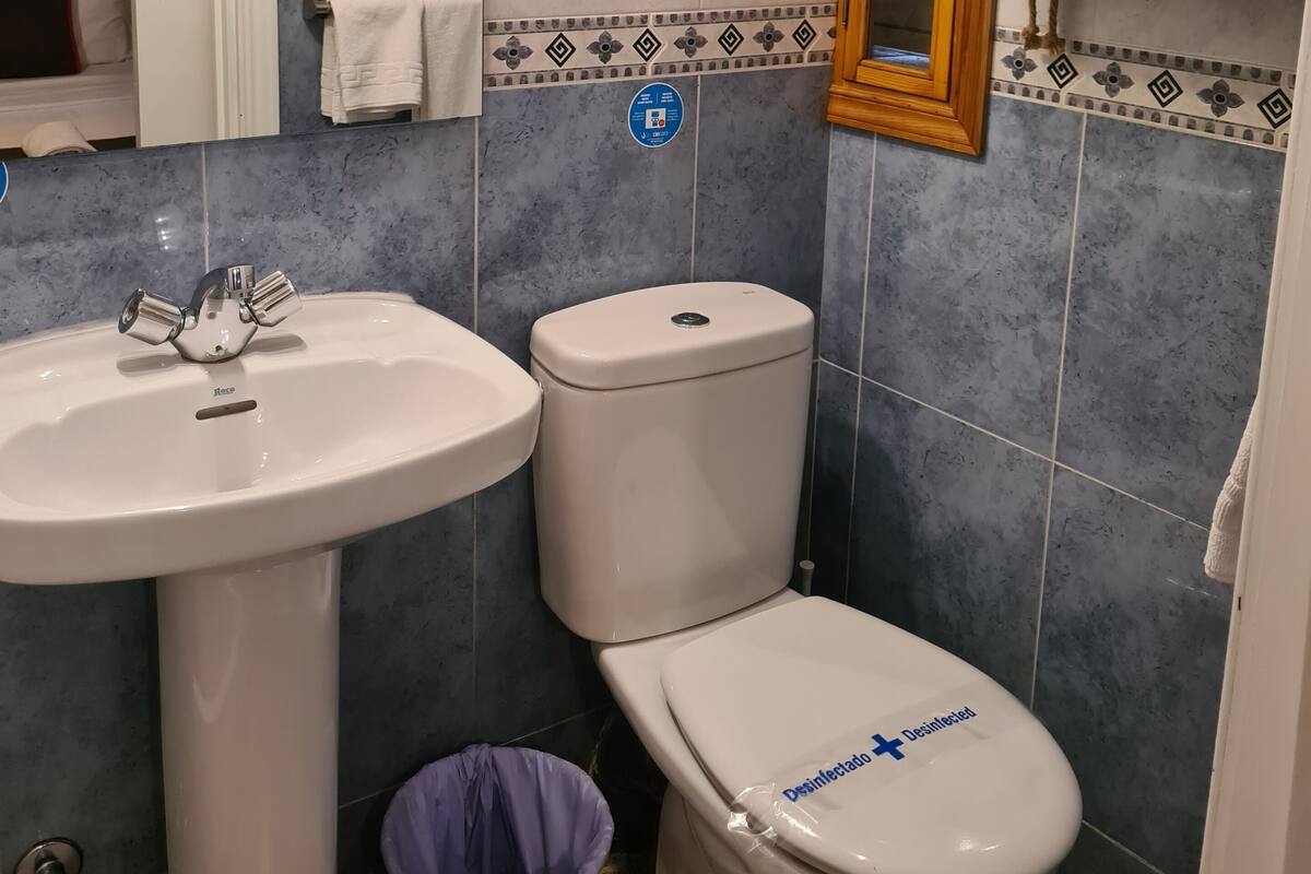 Uma casa de banho com lavatório, sanita e espelho.