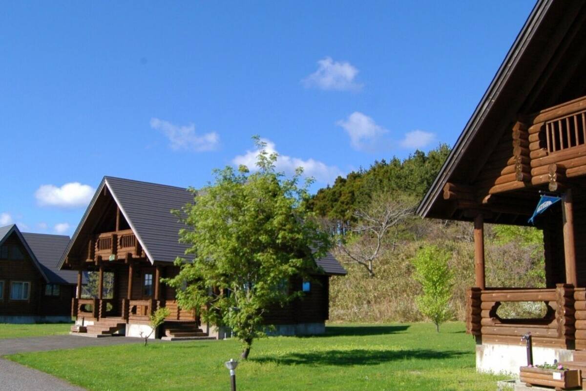 Uma cabana de madeira com varanda e uma pequena árvore em frente.