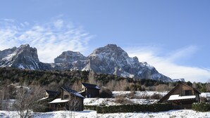 Uma cabana na montanha com fachada de madeira, rodeada por neve no chão e árvores, sob um céu claro.