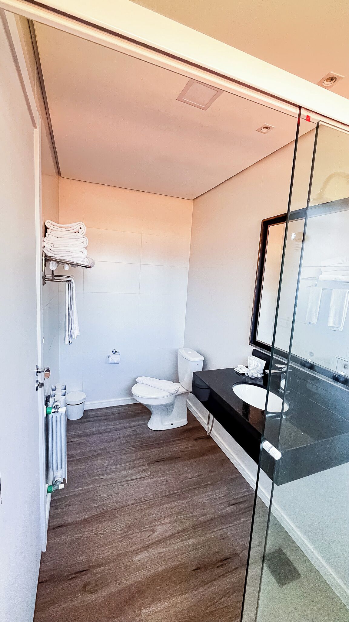 Um banheiro moderno com box de vidro, vaso sanitário branco e pia preta.