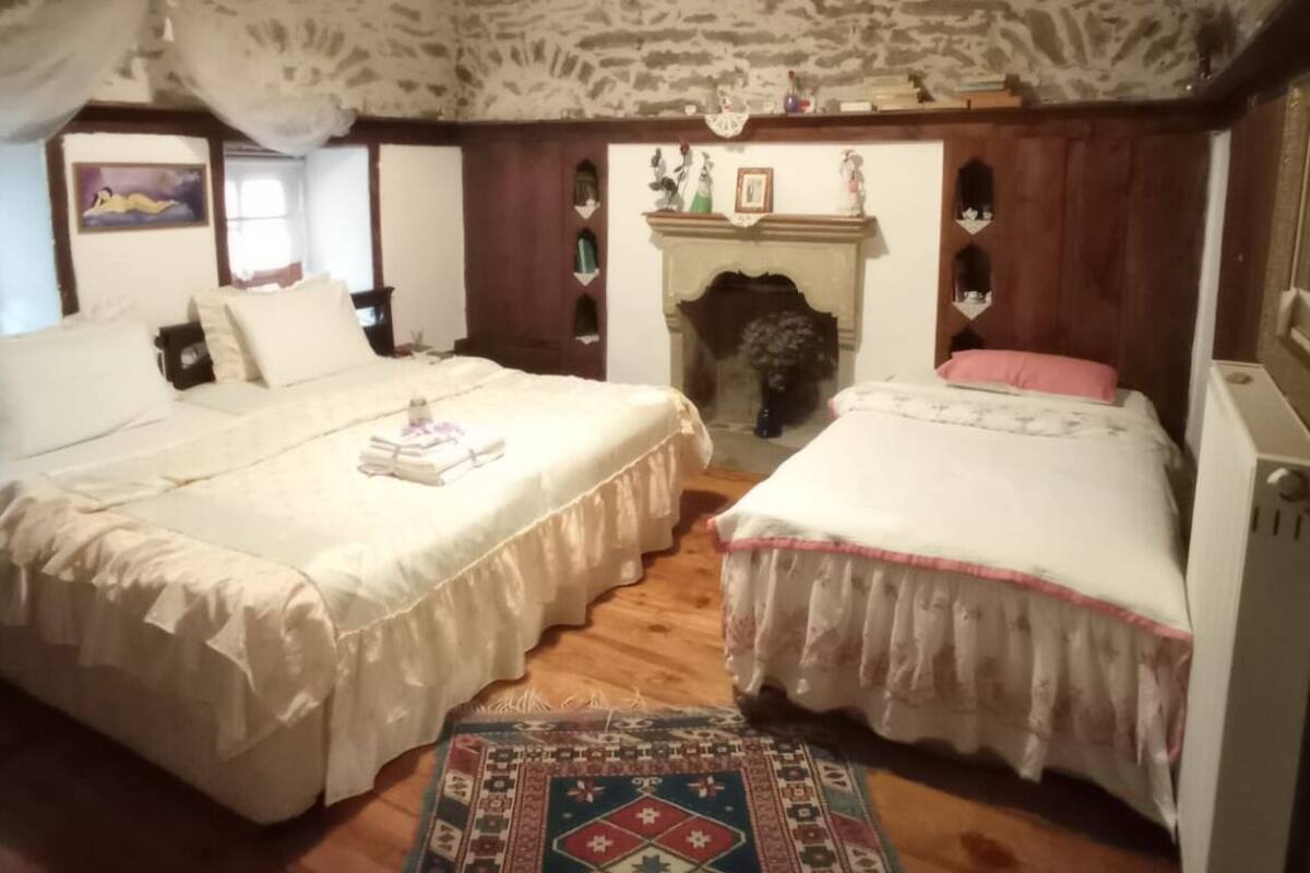 Quarto com duas camas, lareira e teto com padrão texturizado.