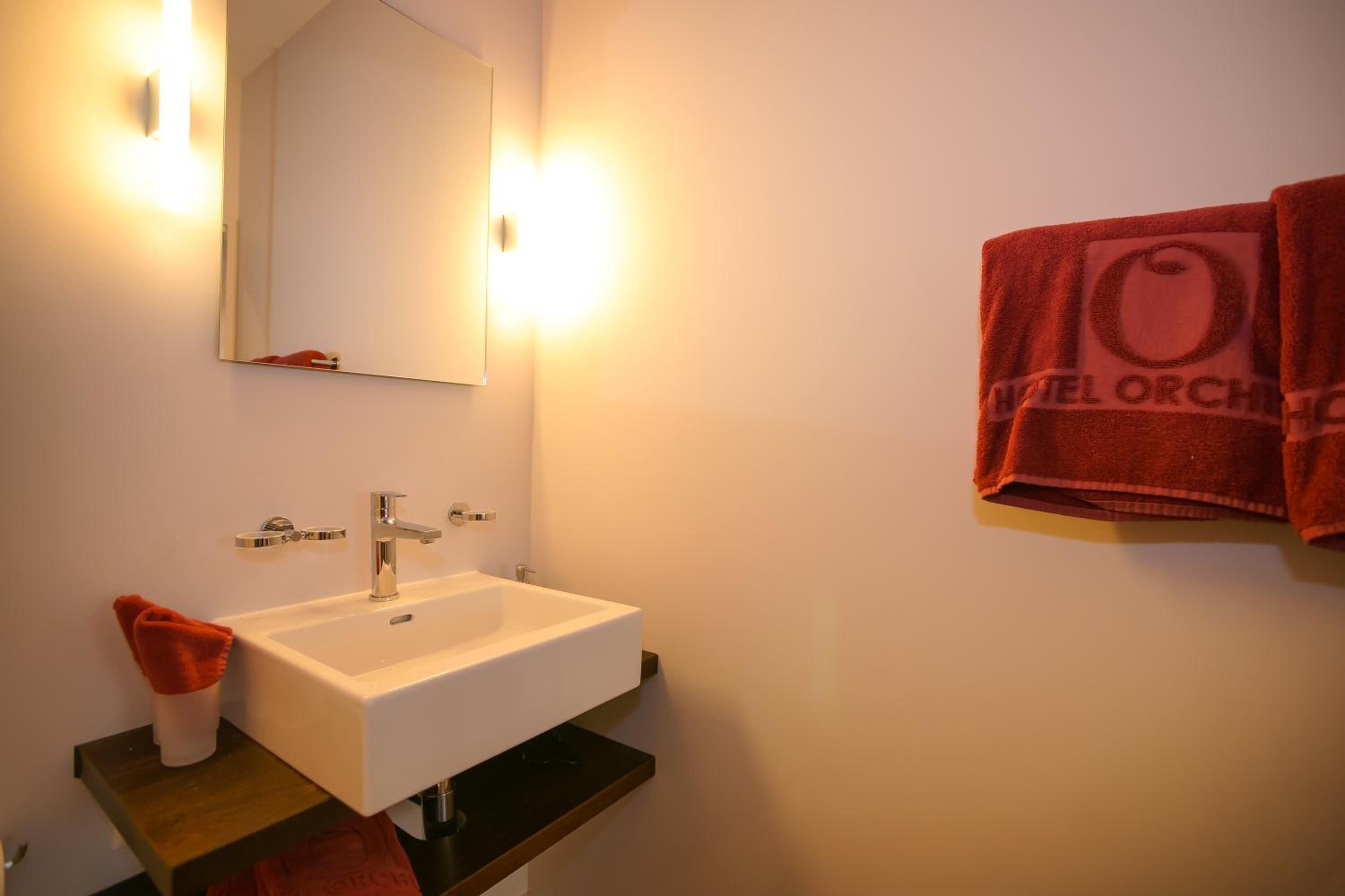 Casa de banho com lavatório branco, espelho e porta-toalhas com duas toalhas.