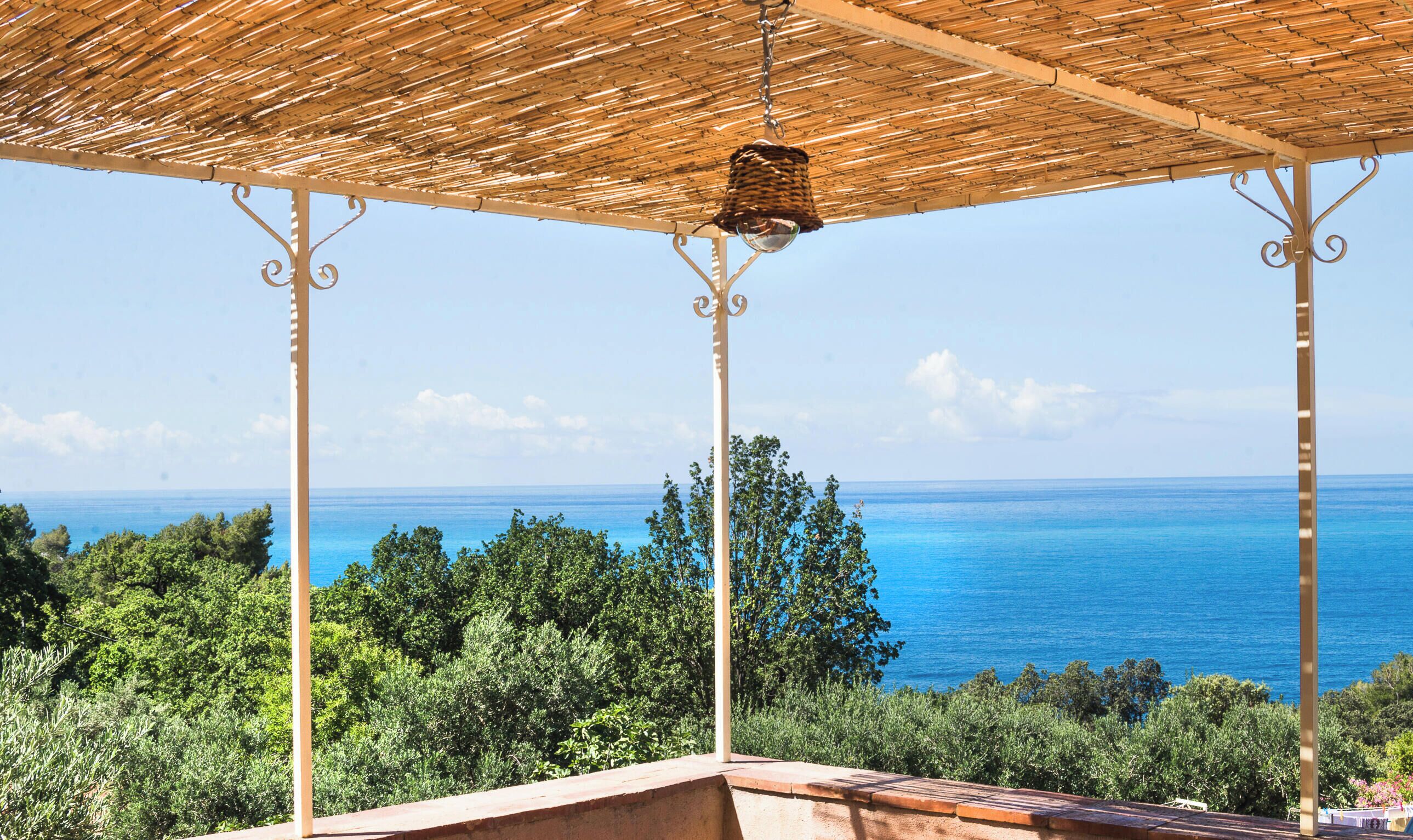 Uma área externa coberta com vista para o mar, rodeada por árvores.