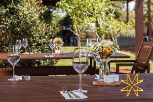 Almoços servidos, com vista para o jardim 