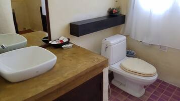 Casa de banho com toucador de madeira, lavatório branco, sanita e prateleira com uma planta em vaso.