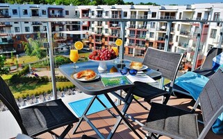 Apartamento Comfort, 2 quartos, acesso à piscina, vista para o pátio (E406) | Vista da varanda