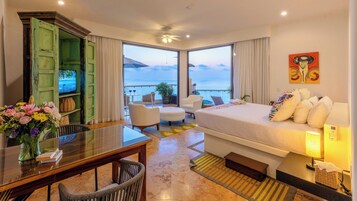 Suíte luxo, 1 cama King, vista para o oceano | 1 quarto, roupas de cama premium