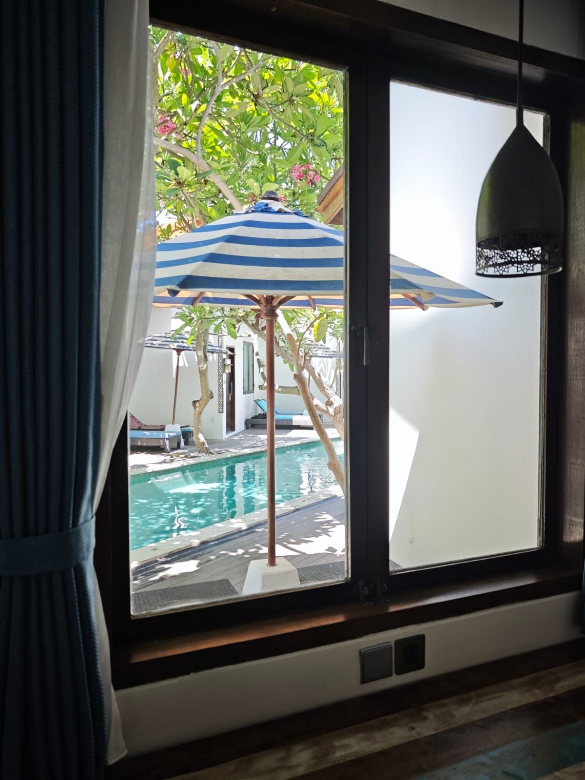 Uma janela com vista para uma piscina, um guarda-sol azul e branco e uma árvore com flores cor-de-rosa.