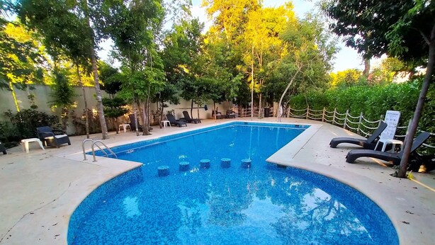 Piscina retangular com borda azulejada, rodeada por espreguiçadeiras e um cercado.