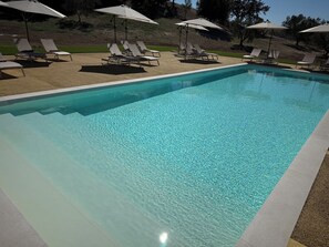 Piscina retangular com água cristalina, cercada por espreguiçadeiras e guarda-sóis.