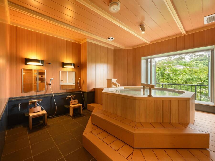 Um spa moderno com painéis de madeira, uma banheira de hidromassagem e vista para o verde através de grandes janelas.