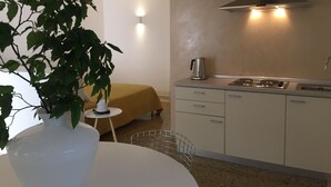 Uma cozinha compacta com fogão, pia e um único armário. Há um vaso branco com uma planta sobre uma mesa em primeiro plano.