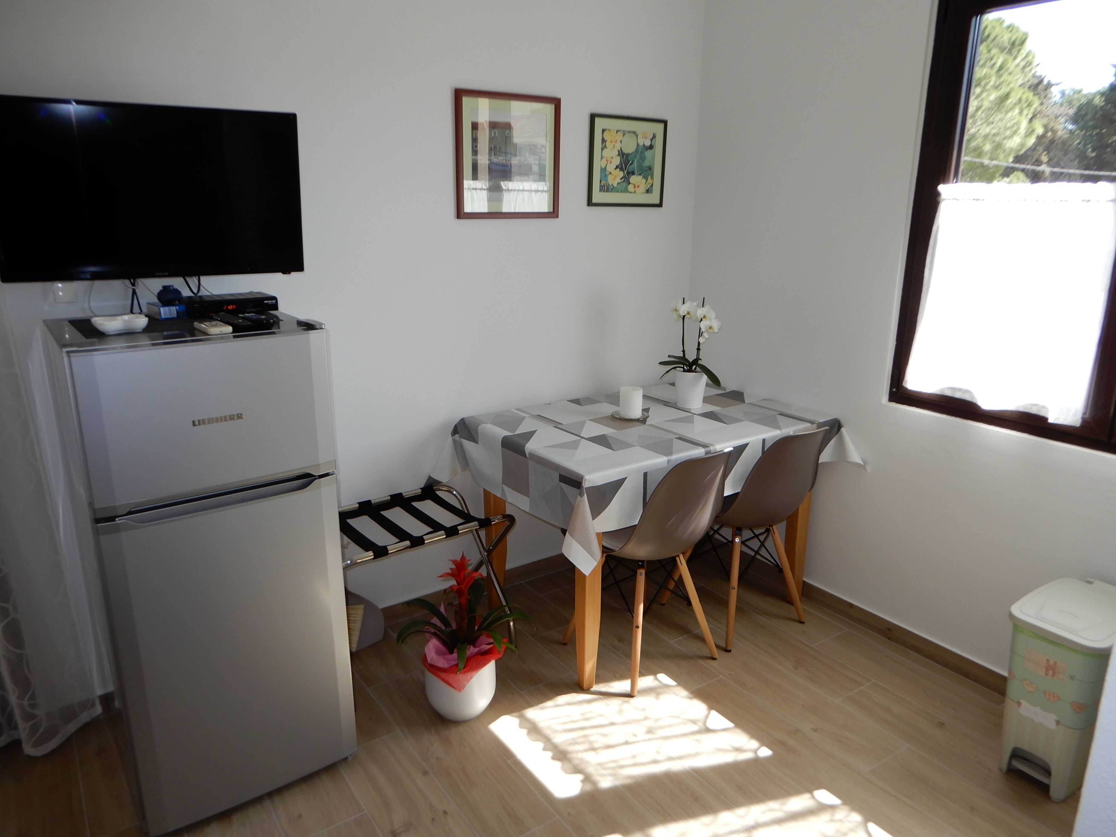 Cozinha compacta com geladeira, micro-ondas, pia pequena e mesa de jantar com cadeiras. Há duas fotos emolduradas na parede, um vaso de planta e uma janela que proporciona luz natural.