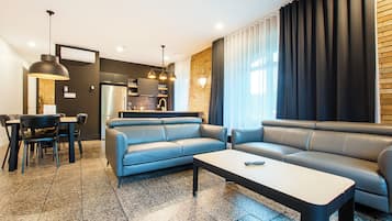 Apartamento Familiar | Sala de estar | Televisor de ecrã plano de 45 polegadas com canais por cabo, televisor