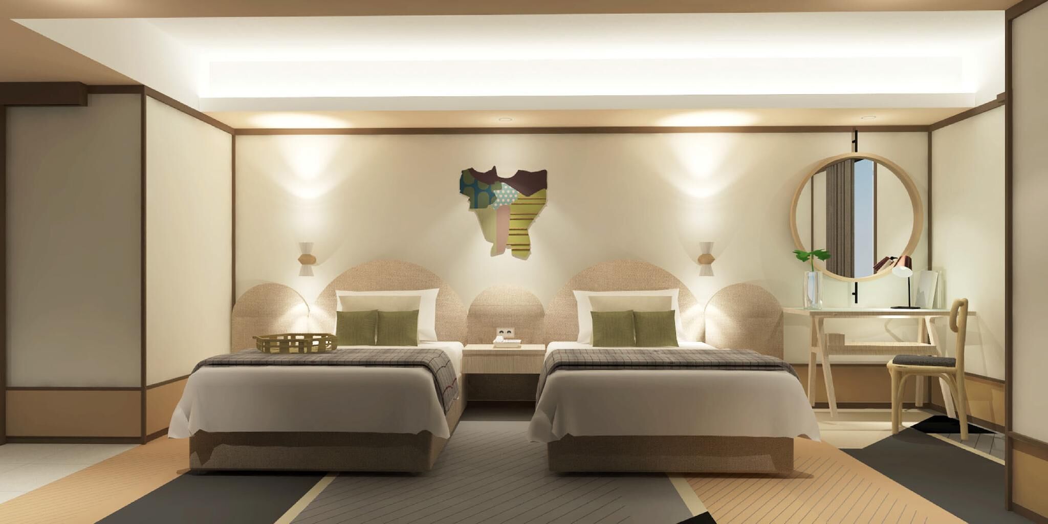 Roupas de cama premium, cofres nos quartos, escrivaninha