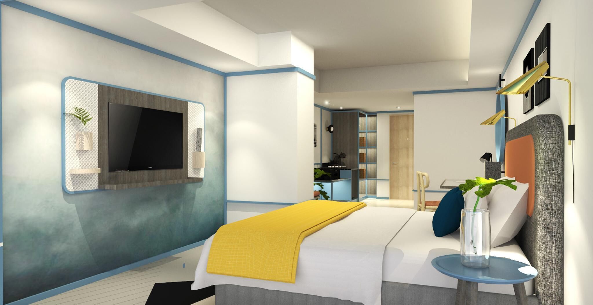 Roupas de cama premium, cofres nos quartos, escrivaninha