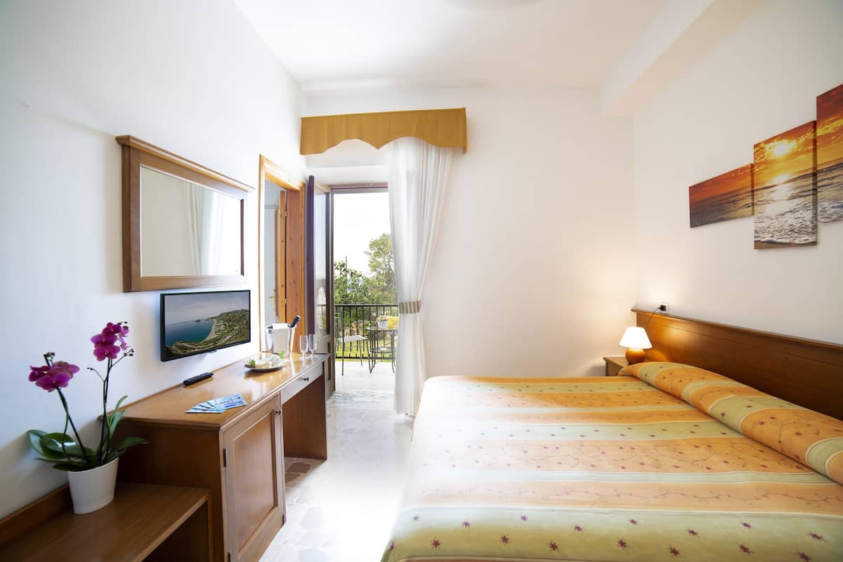 Quarto de hotel com cama, televisão, escrivaninha, planta em vaso e varanda com vista.