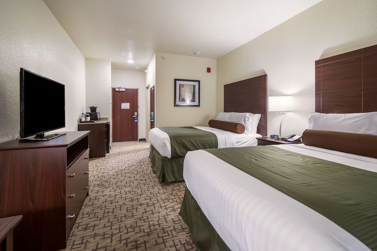 Quarto de hotel com duas camas, uma televisão em uma cômoda, um quadro na parede e uma porta que dá para o banheiro.