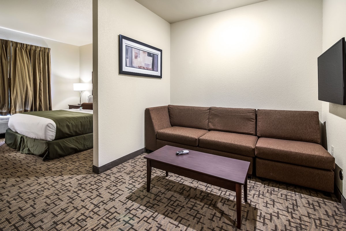 Quarto de hotel com cama, sofá, mesa de centro, quadro na parede e televisão de tela plana fixada na parede.