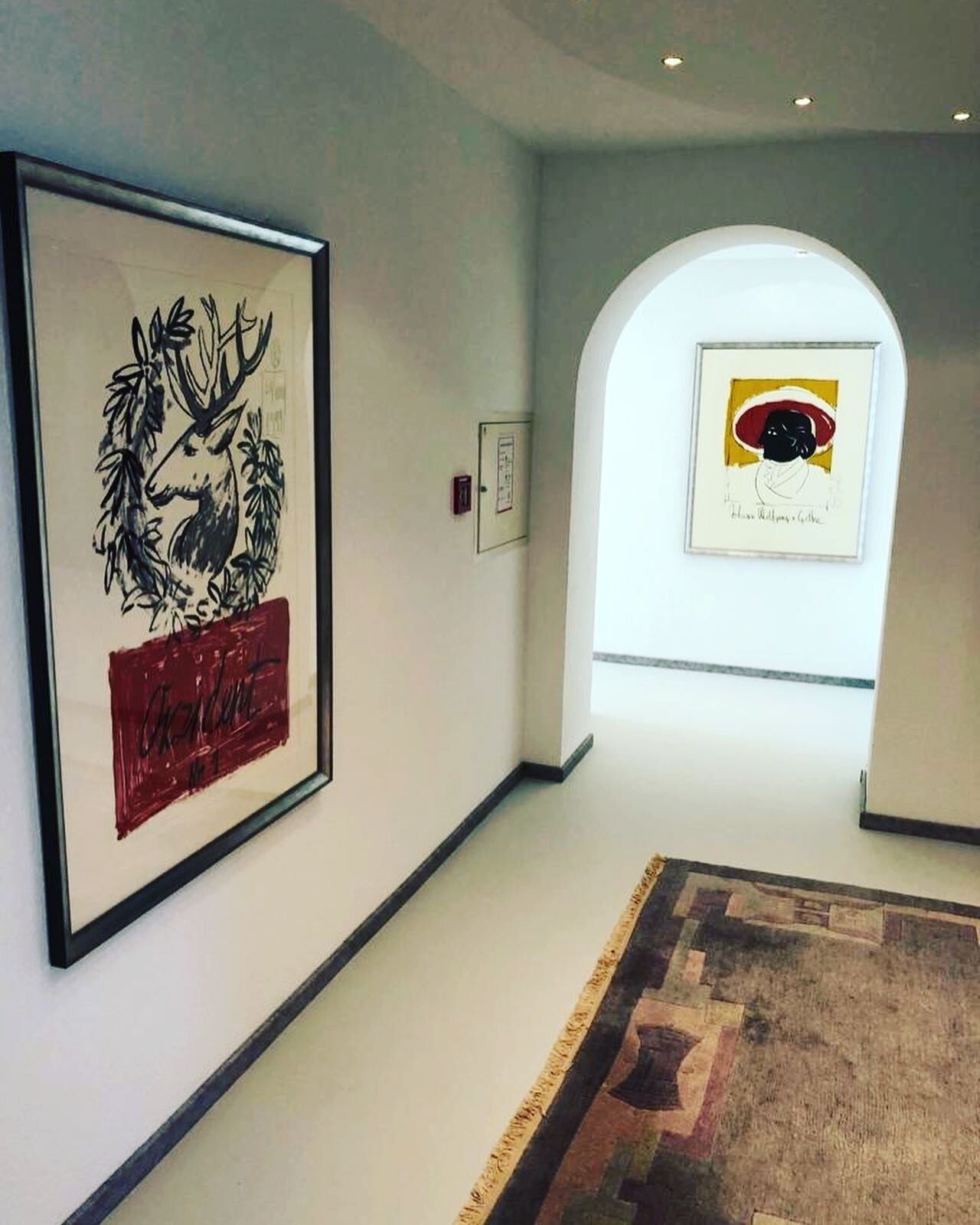 Um corredor com obras de arte emolduradas nas paredes, piso coberto por carpete e uma porta em arco que dá para outro cômodo.
