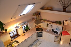 Duplex, 2 quartos, cozinha | Cozinha privada | Geladeira, micro-ondas, fogão, cooktop