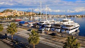 Uma marina com vários barcos atracados, uma estrada com veículos e edifícios ao fundo.