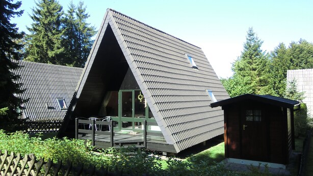 Uma casa moderna com telhado inclinado, porta de vidro e uma pequena construção de madeira à direita.