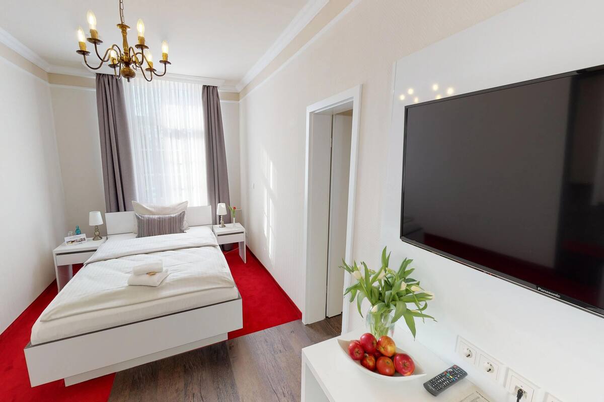 Quarto de hotel com uma cama grande, uma televisão, uma mesa de cabeceira com uma luminária, um criado-mudo e uma planta sobre uma mesinha.