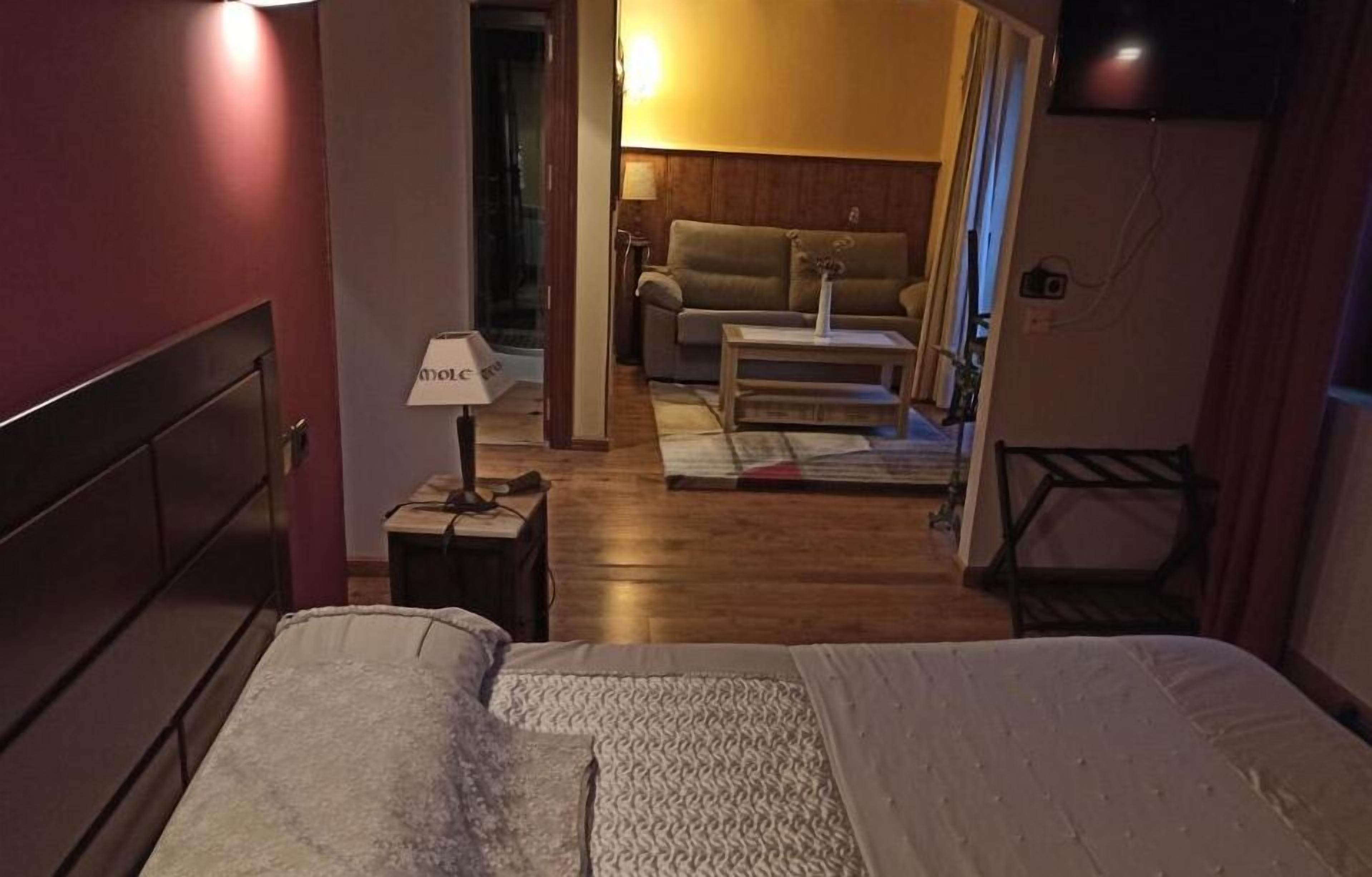 Quarto de hotel com cama, mesa de cabeceira com abajur, piso de madeira, sofá e televisão.