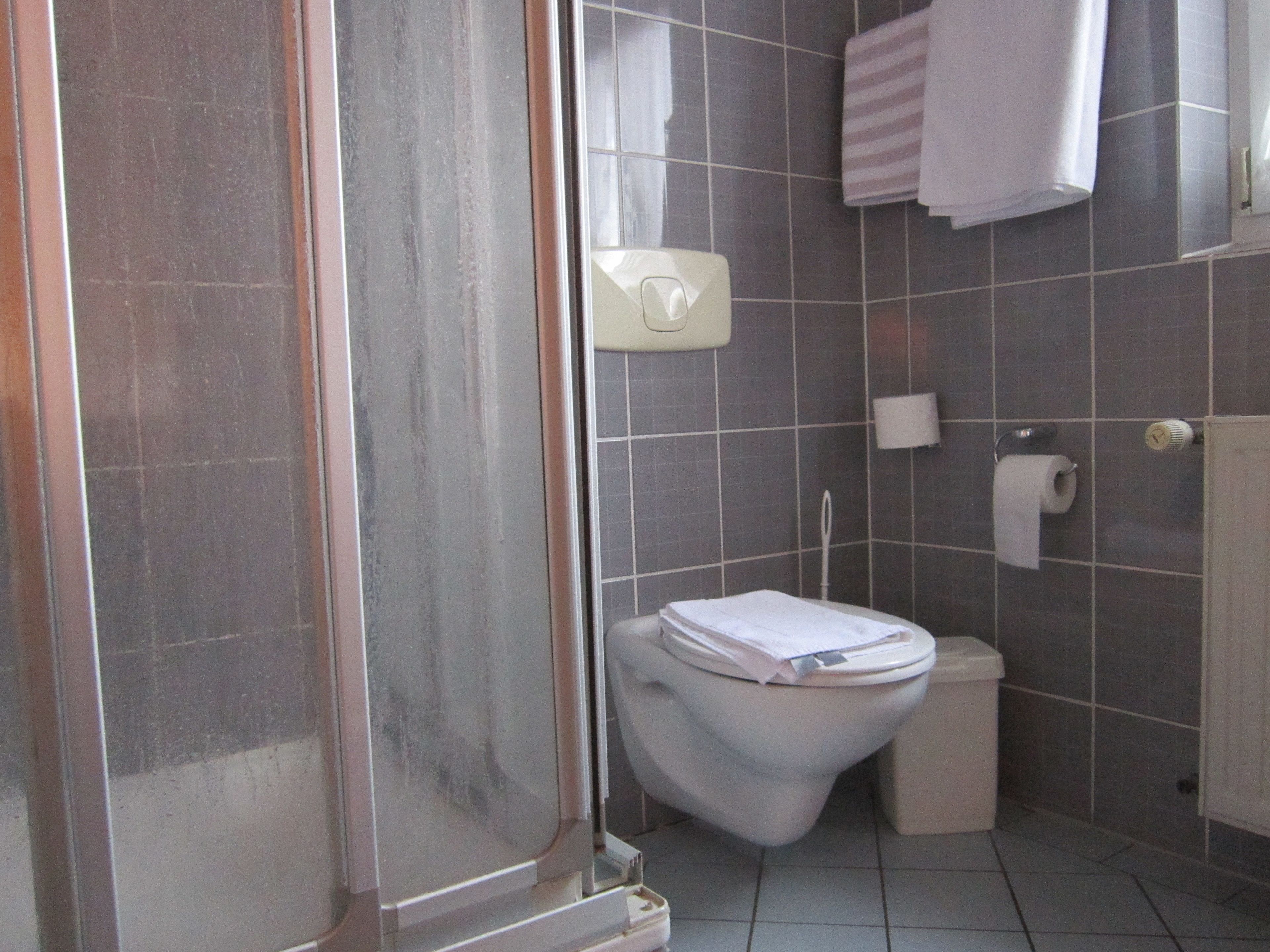Casa de banho com sanita, área de duche e porta-toalhas.
