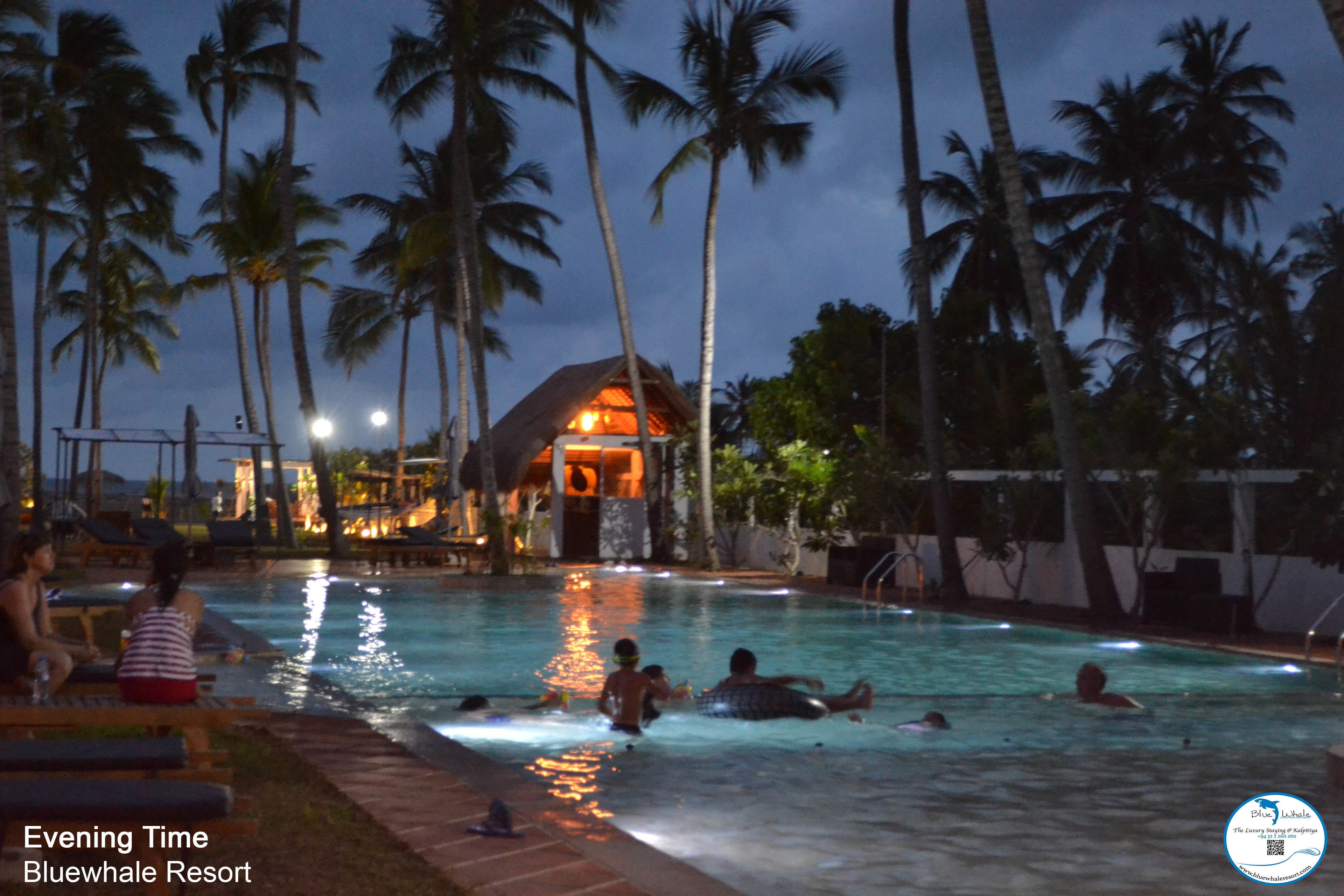 Área de piscina em resort, com palmeiras e um edifício com telhado de palha.