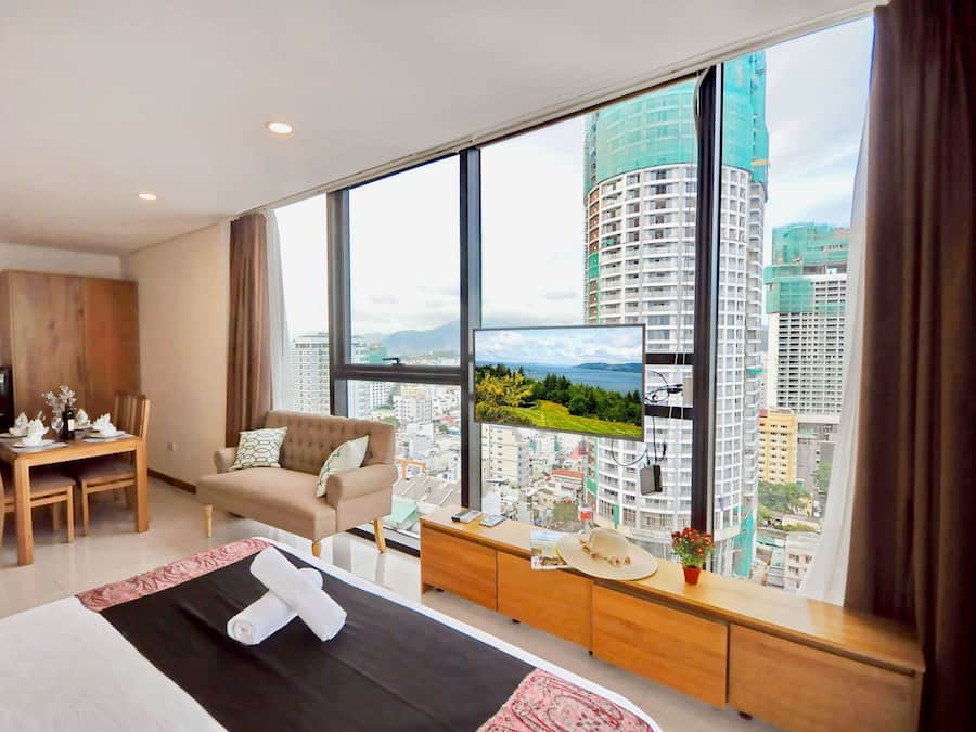 Apartamento panorâmico, 2 camas Queen, vista para o oceano, no canto | Roupas de cama de algodão egípcio, roupas de cama premium, escrivaninha
