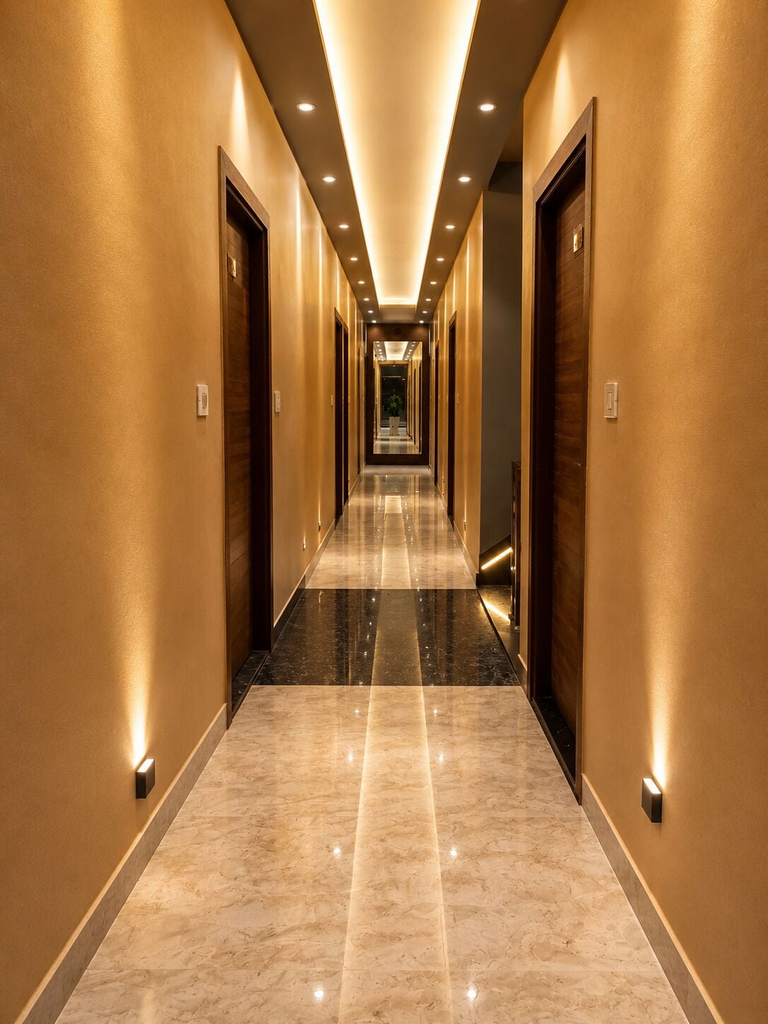 Corredor longo em um hotel, com portas de ambos os lados e piso de mármore.