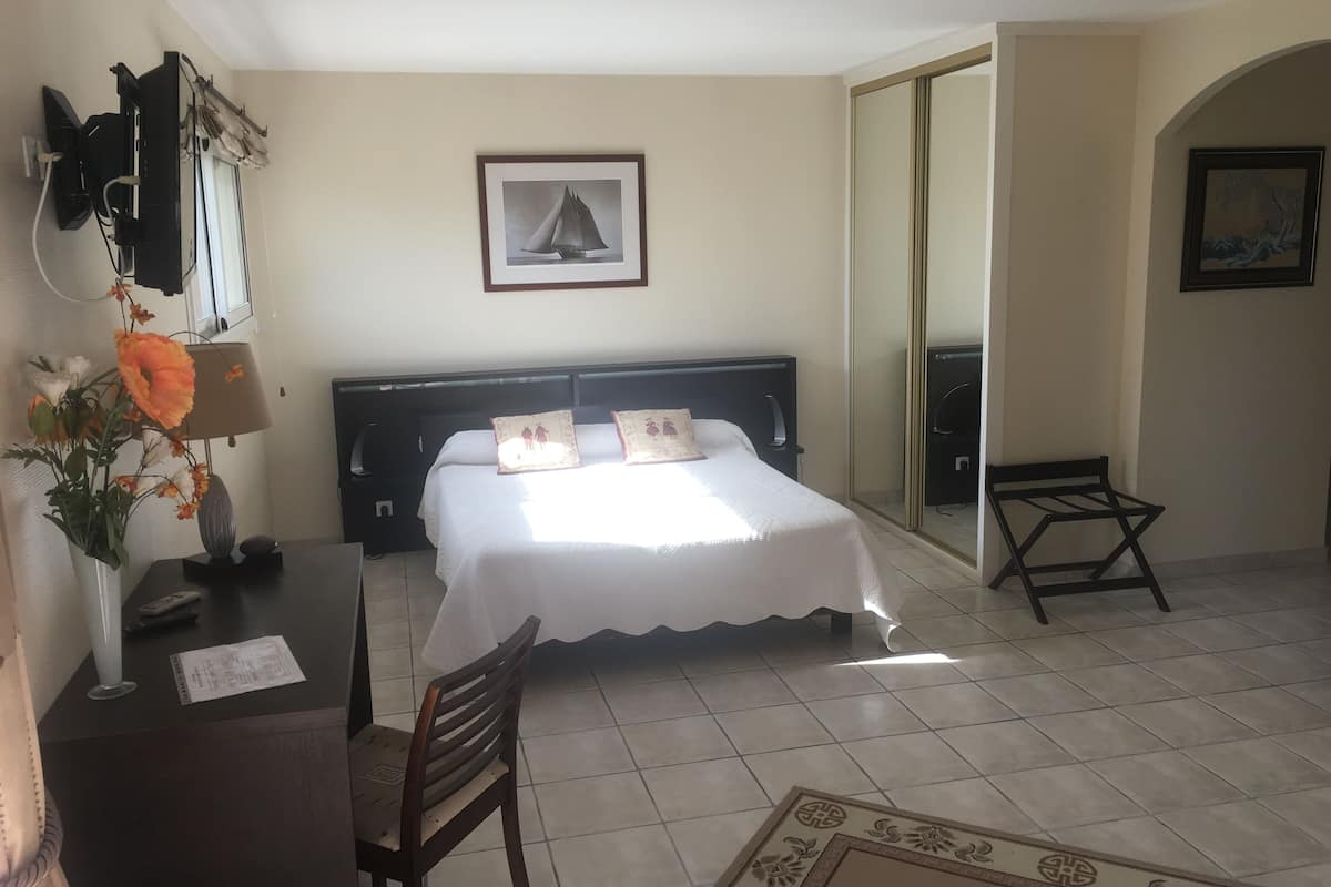 Quarto de hotel com cama, escrivaninha com luminária, cadeira, espelho e quadro na parede.