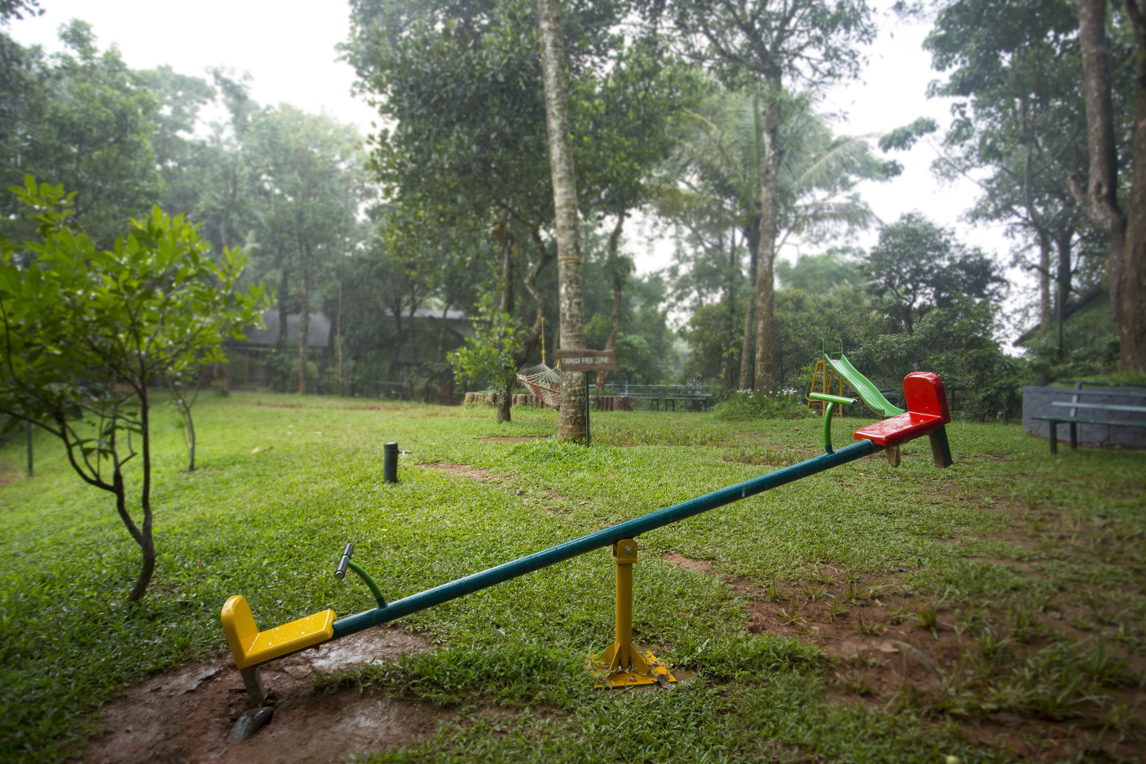 Um balanço em um parque com uma placa que diz 'THREE FREE ZONE'.