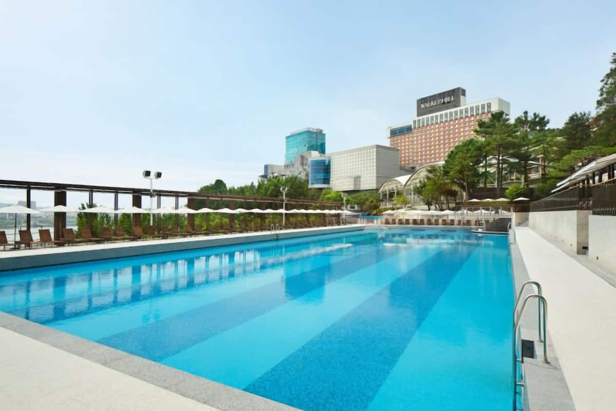 Piscina com paisagem urbana ao fundo.